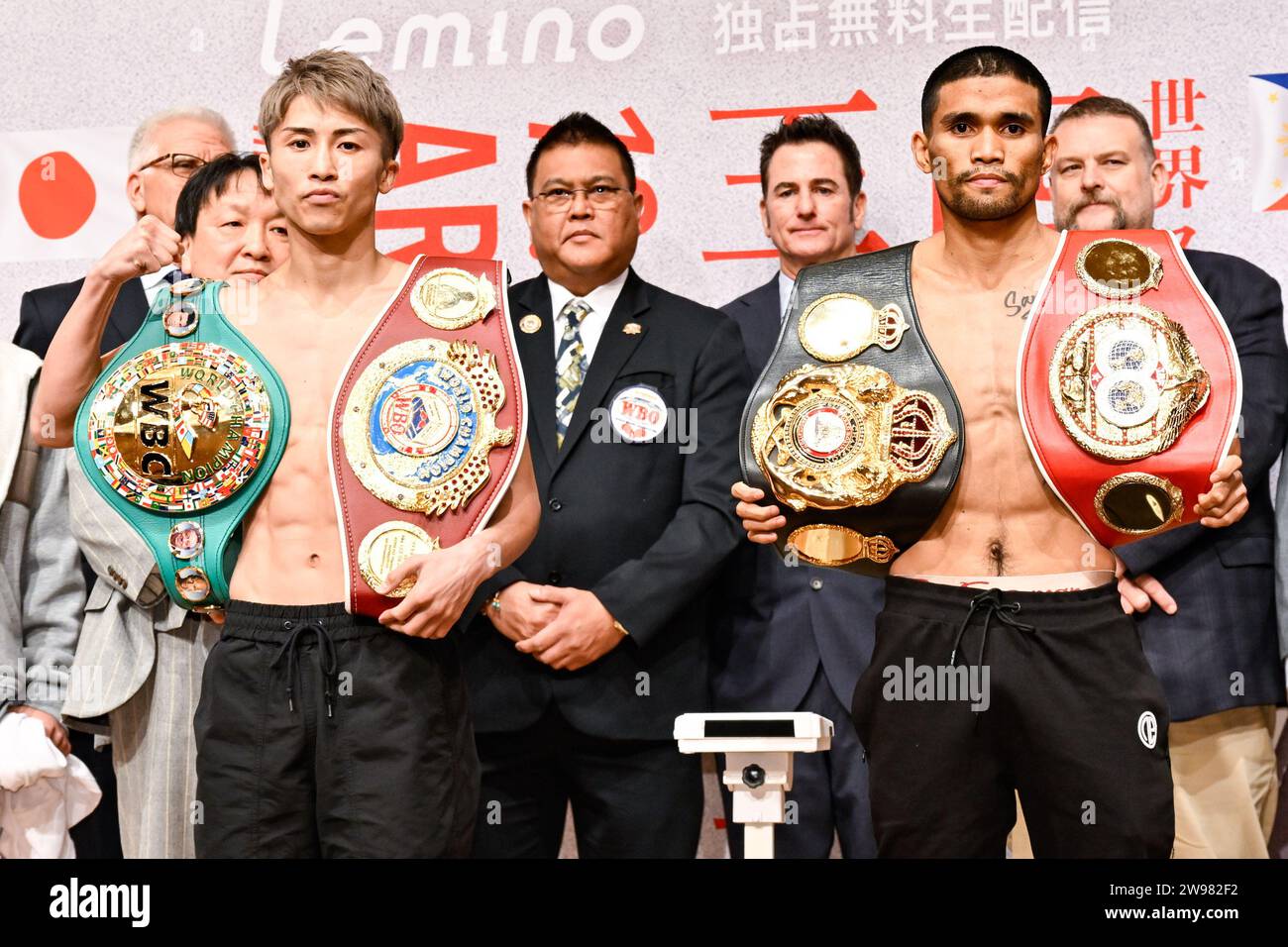 Naoya Inoue of Japan and Marlon Tapales of the Philippines attend the official weigh-in for the ...