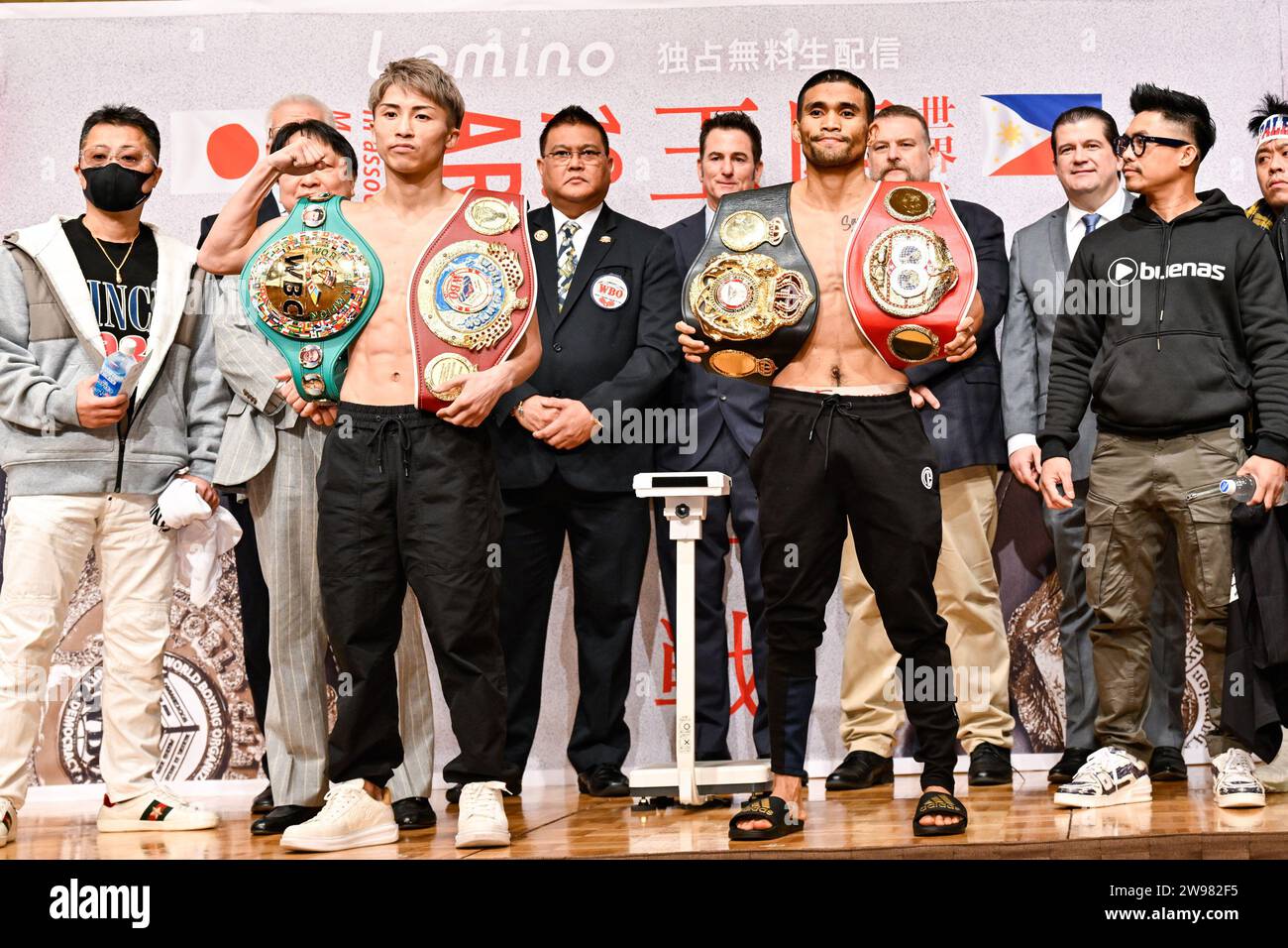 Naoya Inoue of Japan and Marlon Tapales of the Philippines attend the official weigh-in for the ...