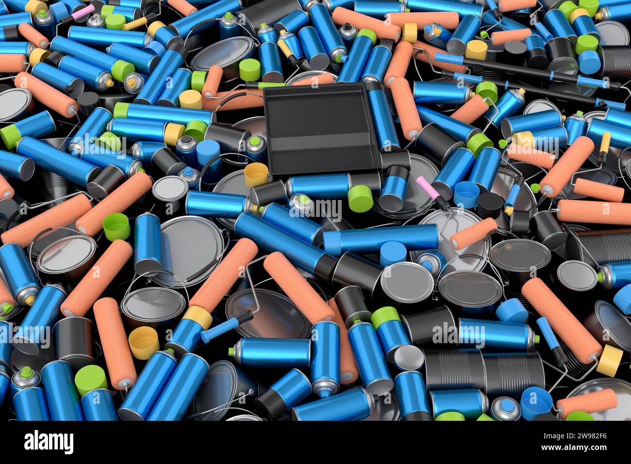Pile of spray paint cans on black background. 3d render spray paint ...