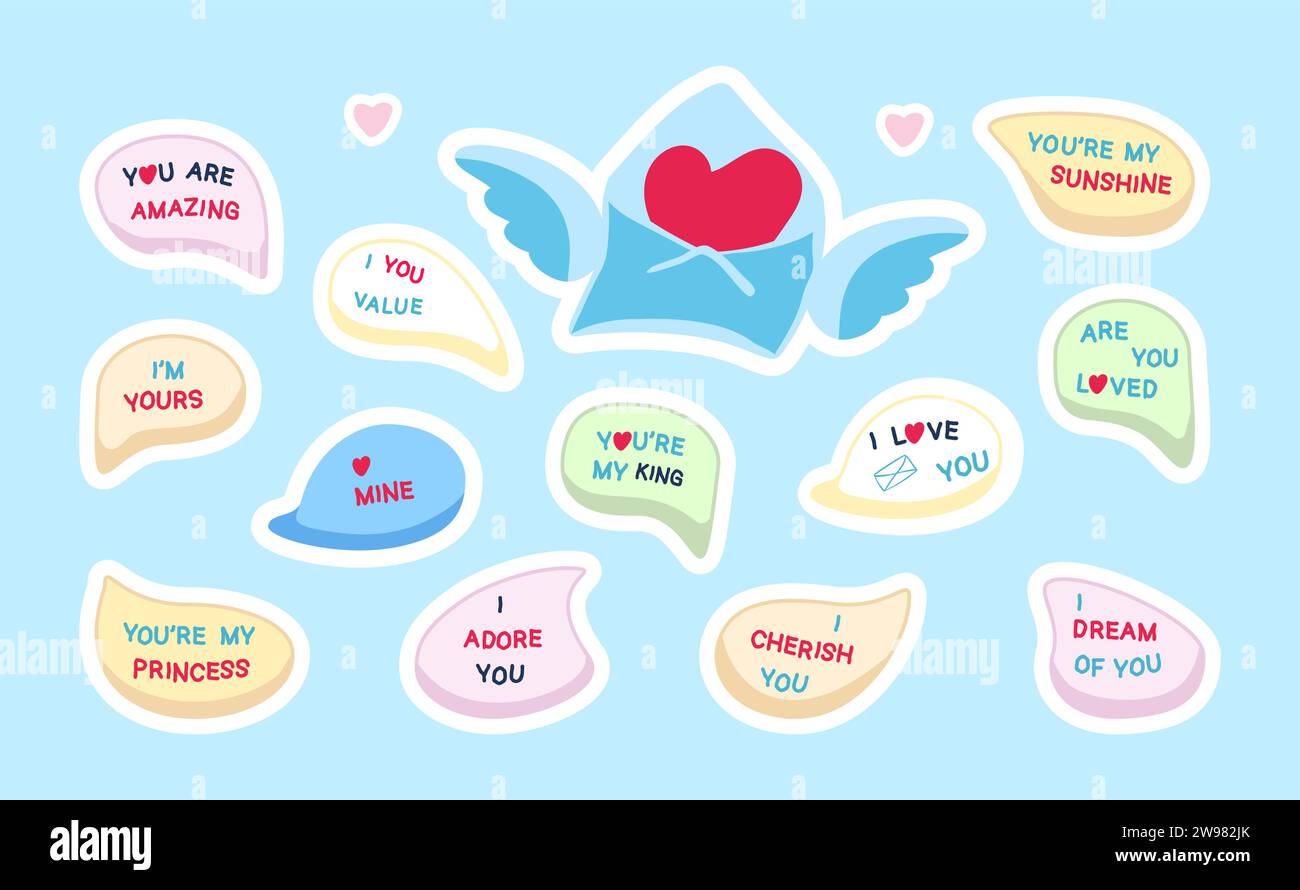 Stickers. Love phrases in talking bubbles for Valentines day on a blue ...