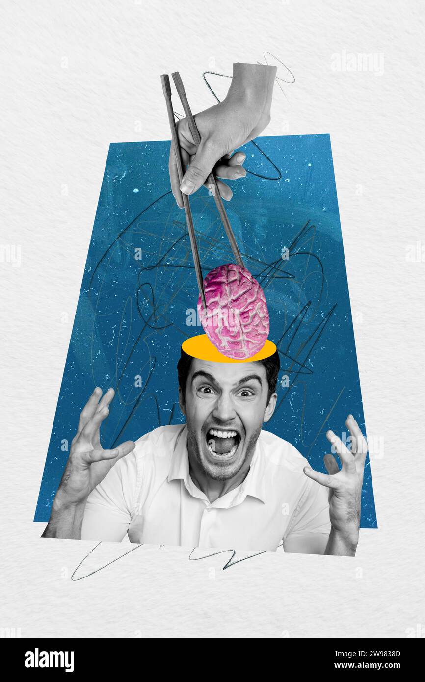 Creative trend collage of zombie man hand hold chopsticks brain news ...