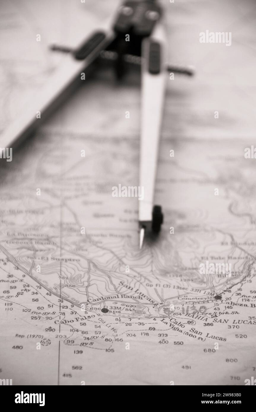 Detail of nautical map of the tip of Baja California, with dividers ...