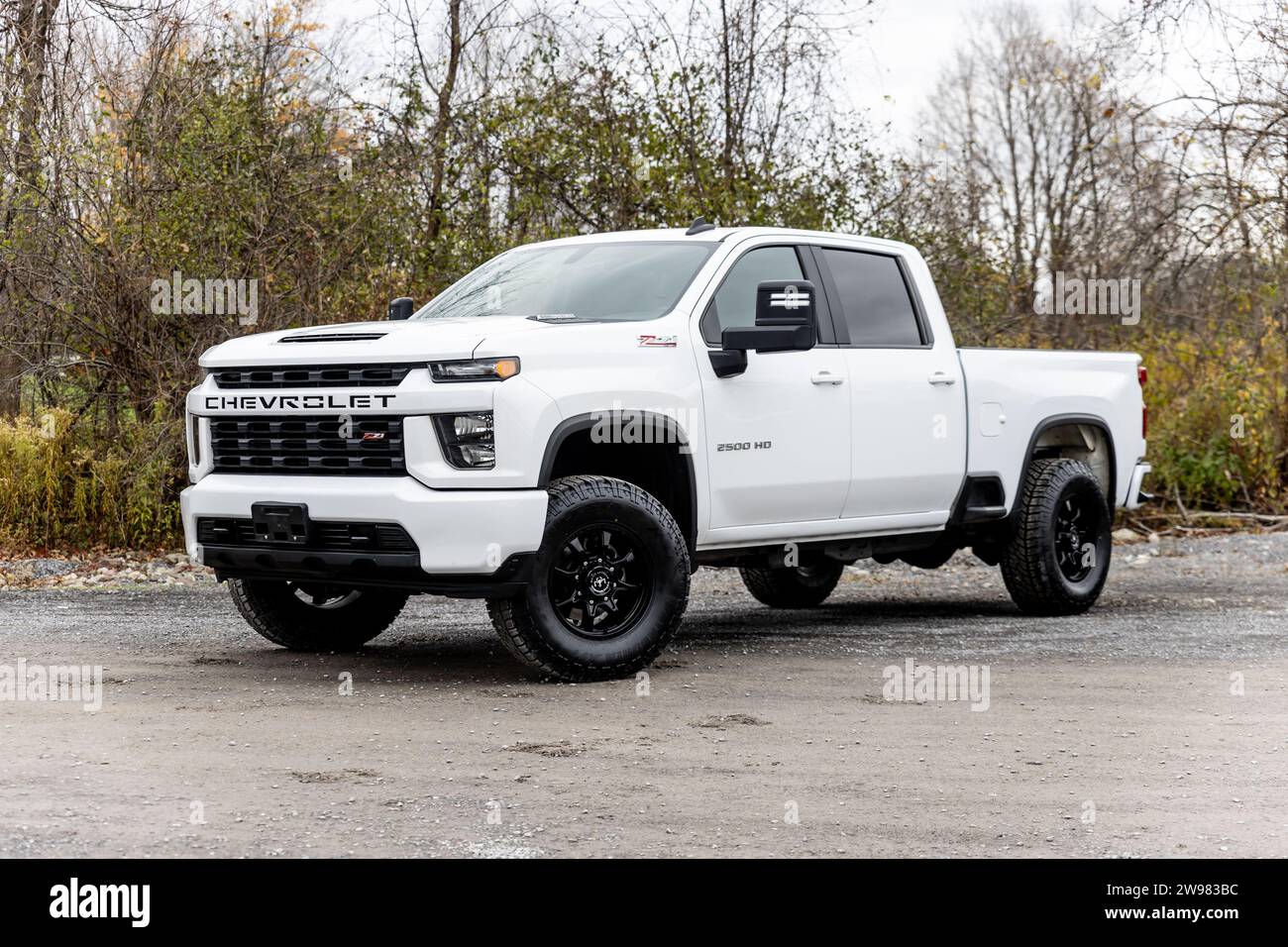 A white Chevrolet pickup truck in a parking area with trees in the ...