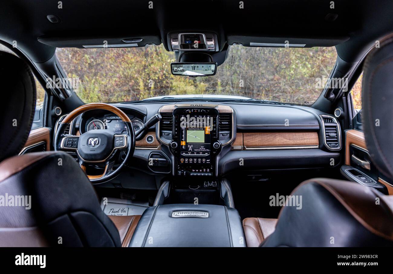 The steering wheel and dashboard of a Ram car Stock Photo - Alamy