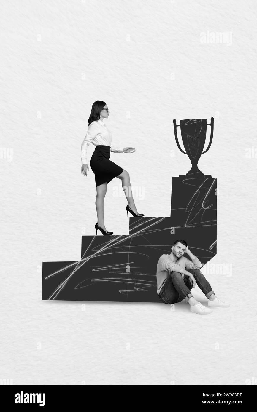 Collage 3d image pop retro sketch of work competition girl go upstairs ...