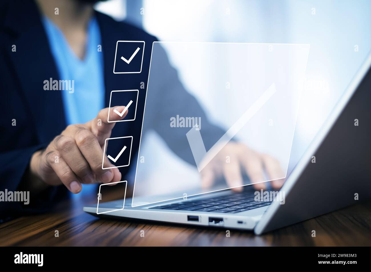 Businessman touch on digital screen check correct sign mark in checkbox ...