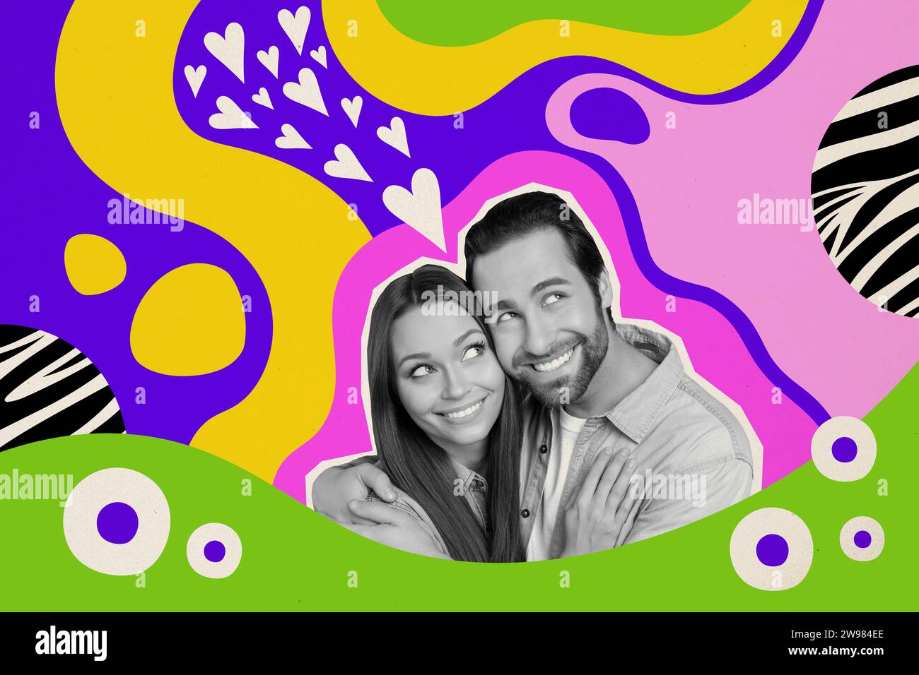 Collage picture of two dreamy cheerful partners hug fantasize imagine ...