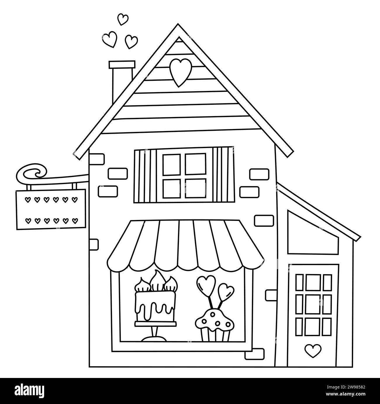 Hand-Drawn Vector Coloring Page Features A Cute Candy Shop House With ...