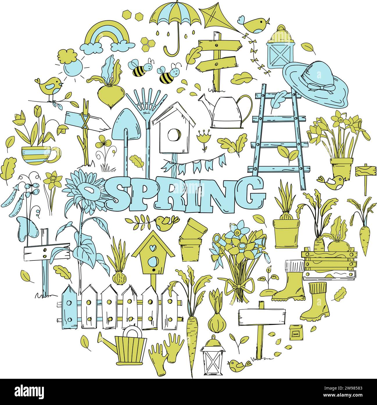 Hand-Drawn Vector Set Of Doodles On A Spring Theme, Featuring Flowers, Garden Tools, And ...