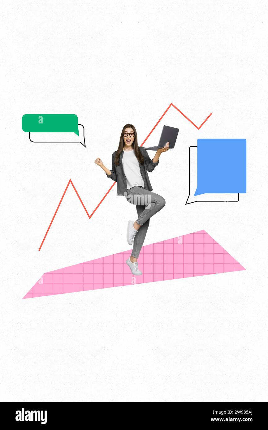 Vertical collage picture excited smile businesslike lady jump success ...