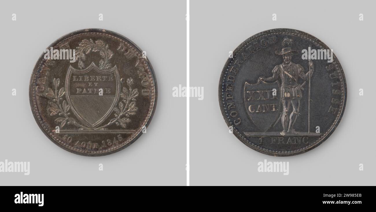 Franc from the canton Vaud, 1845 ,, 1843 coin Silver coin. Front ...