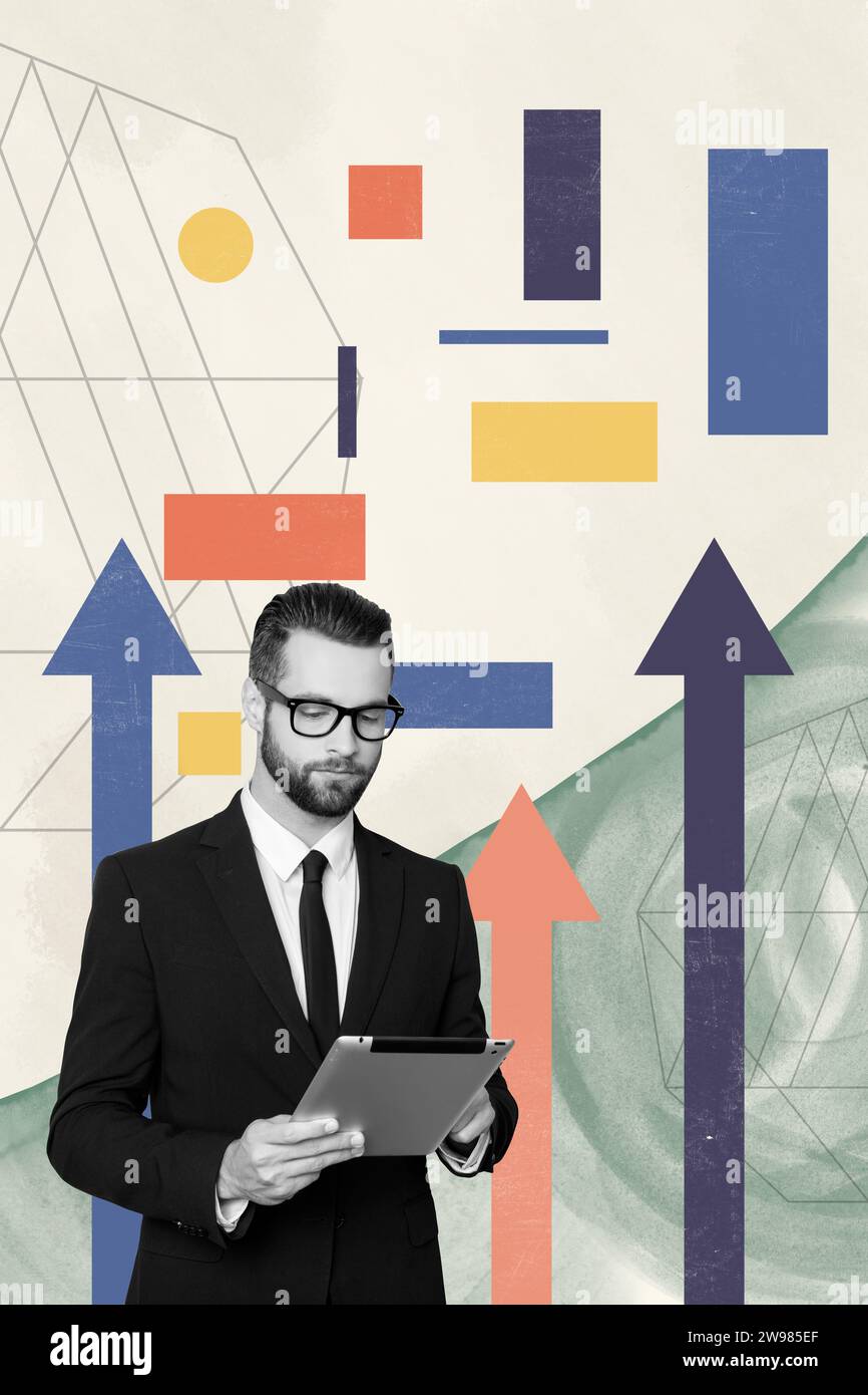 Vertical collage image of black white effect elegant guy use tablet ...