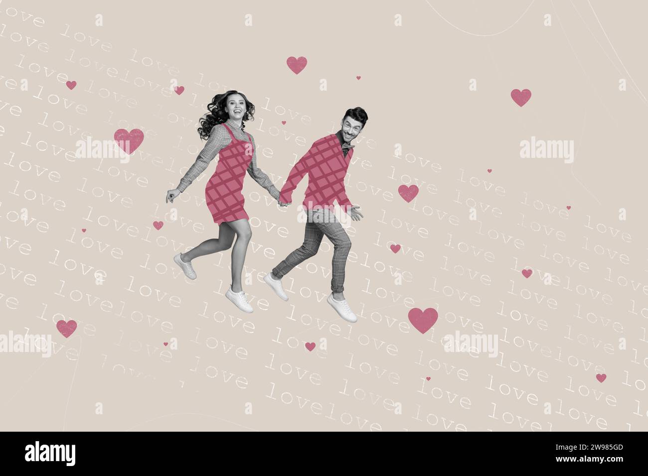 Creative collage picture of two funky black white colors partners hold ...