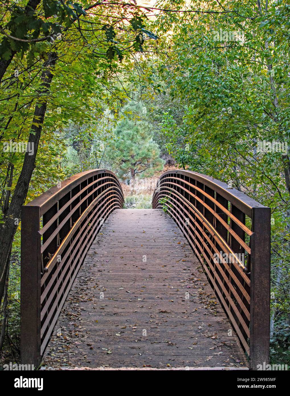 A walking bridge across Oak Creek North of Sedona along the West Fork ...