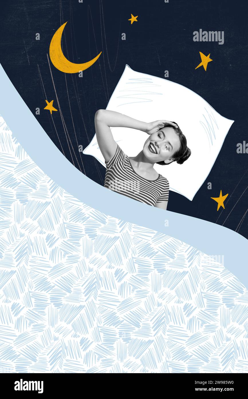 Collage artwork sketch of happy cute girl sleeping enjoying sweet ...