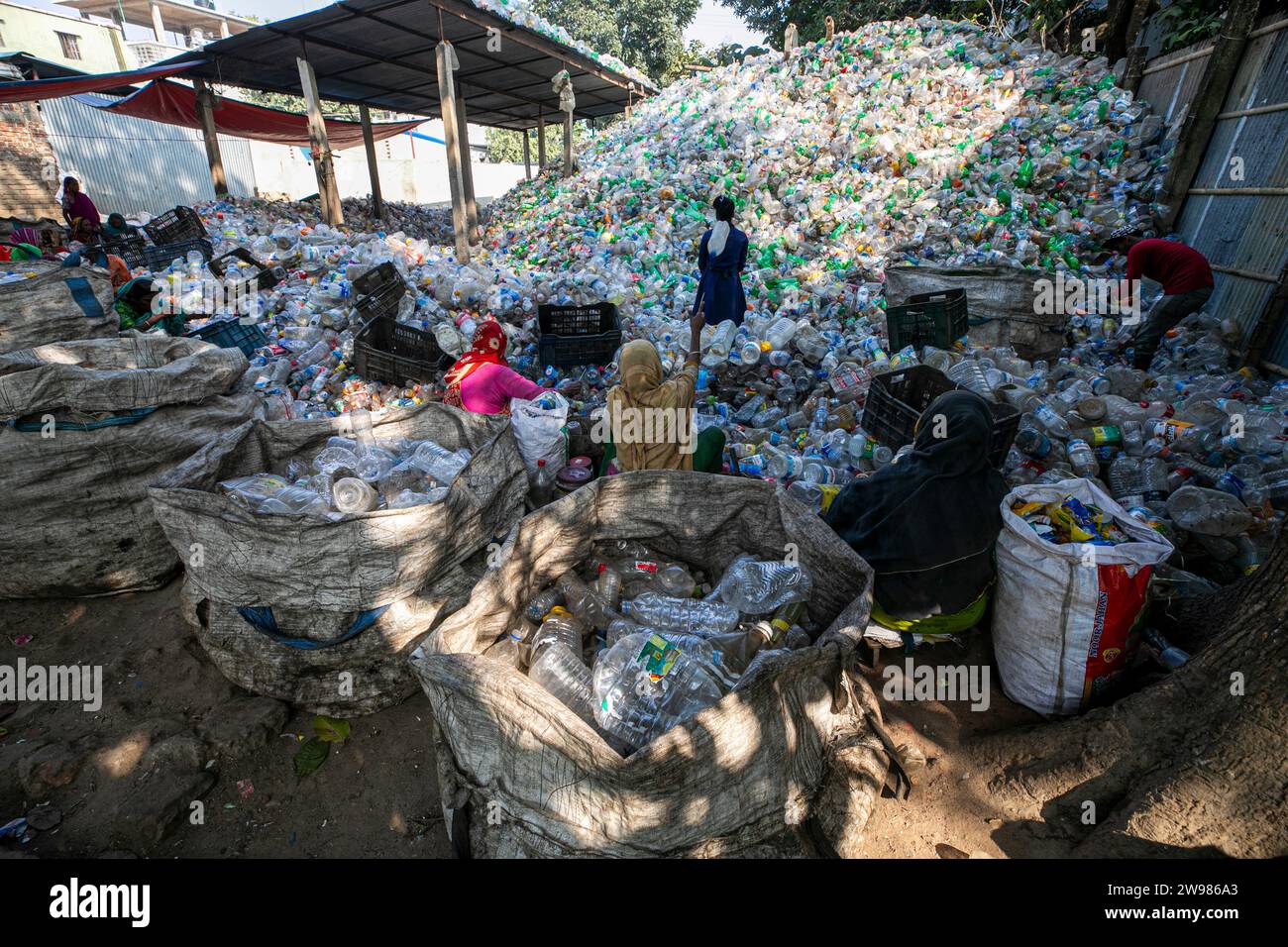 Workers sort used plastic bottles at a recycling factory. Recycle of ...