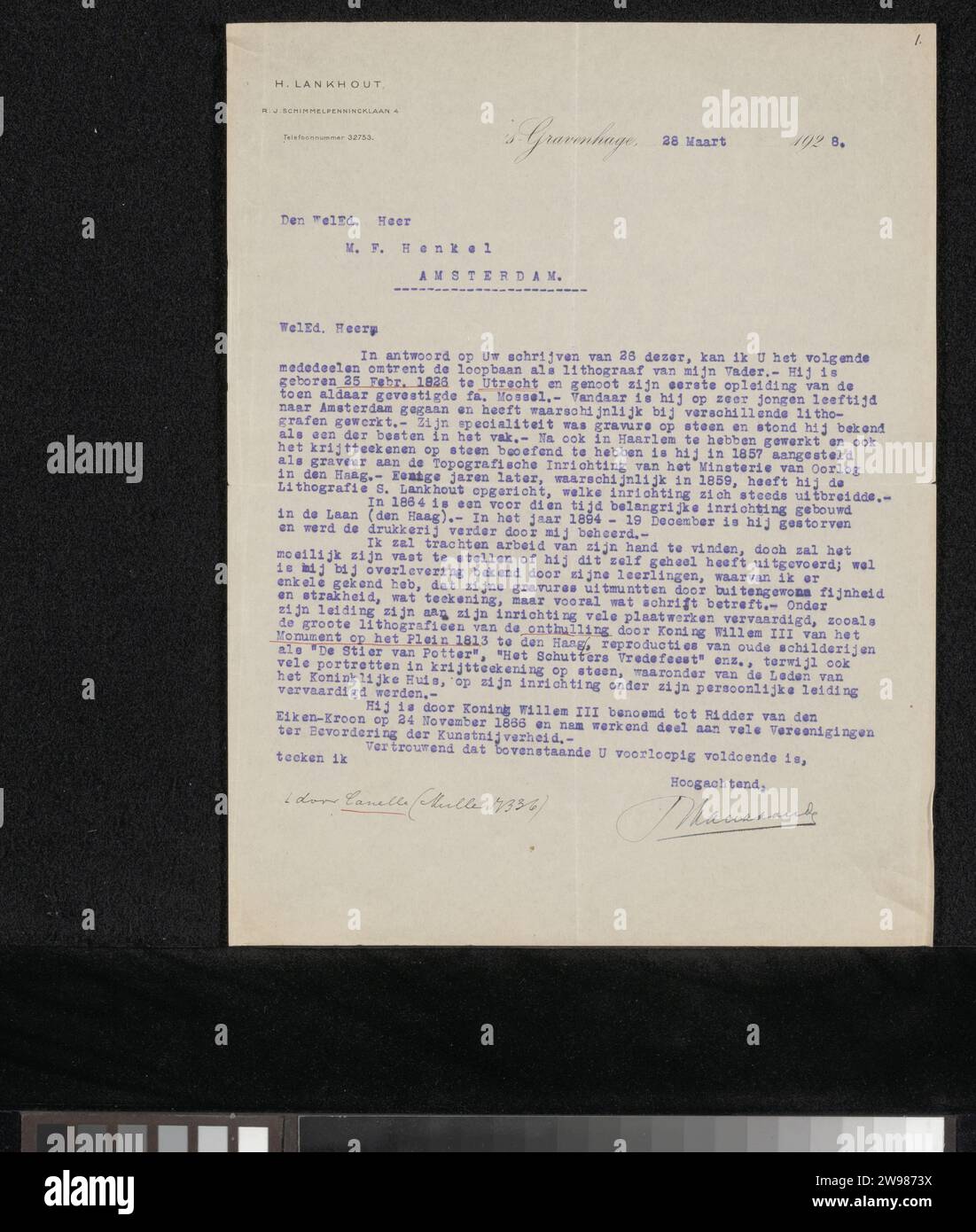 Letter to Max Dittmar Henkel, Henri Lankhout, 1928 letter The Hague ...