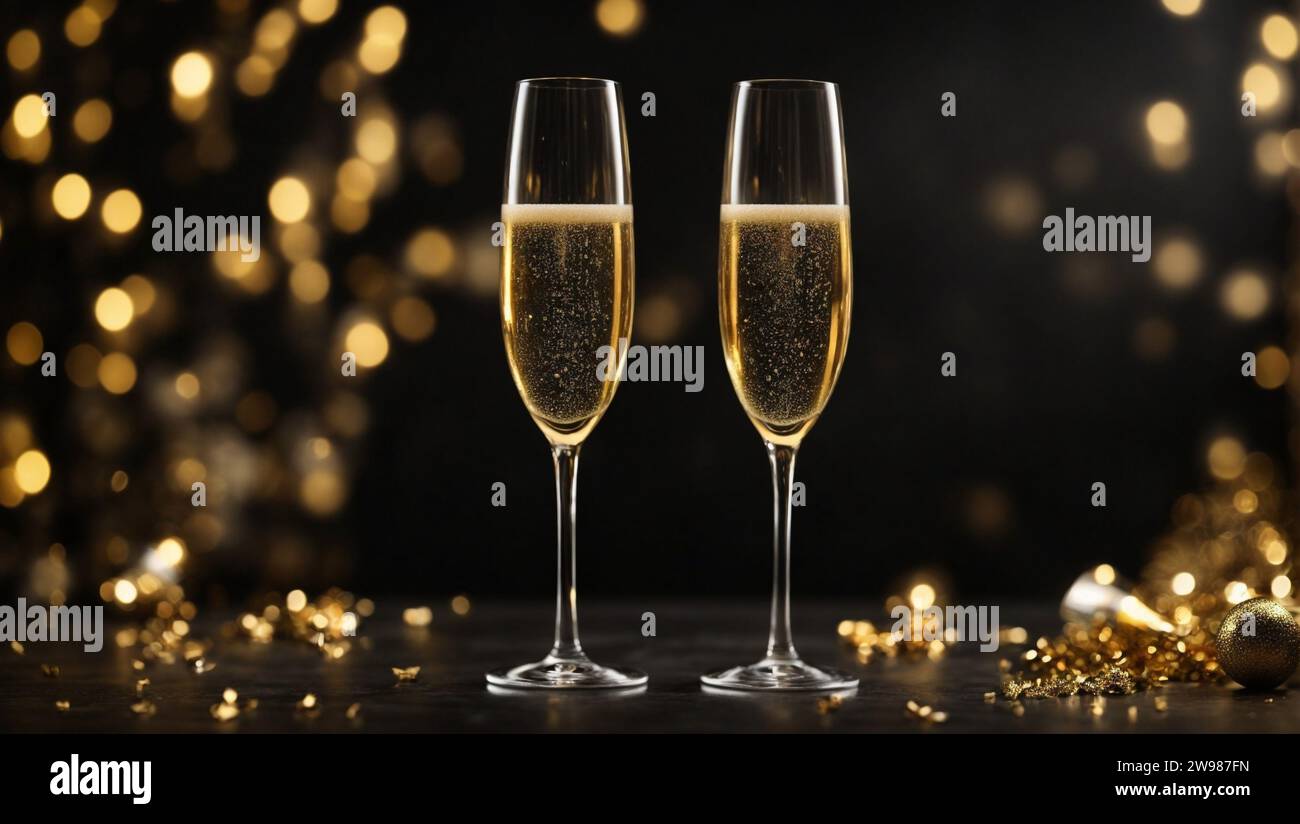 Two elegant champagne flutes effervesce with golden bubbles, set ...