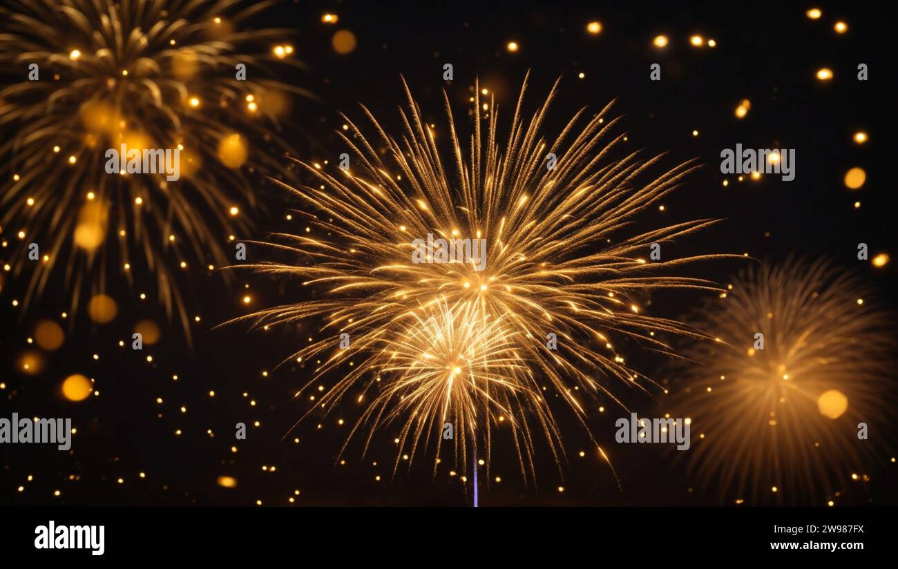Golden fireworks explode in the night sky, creating a brilliant ...