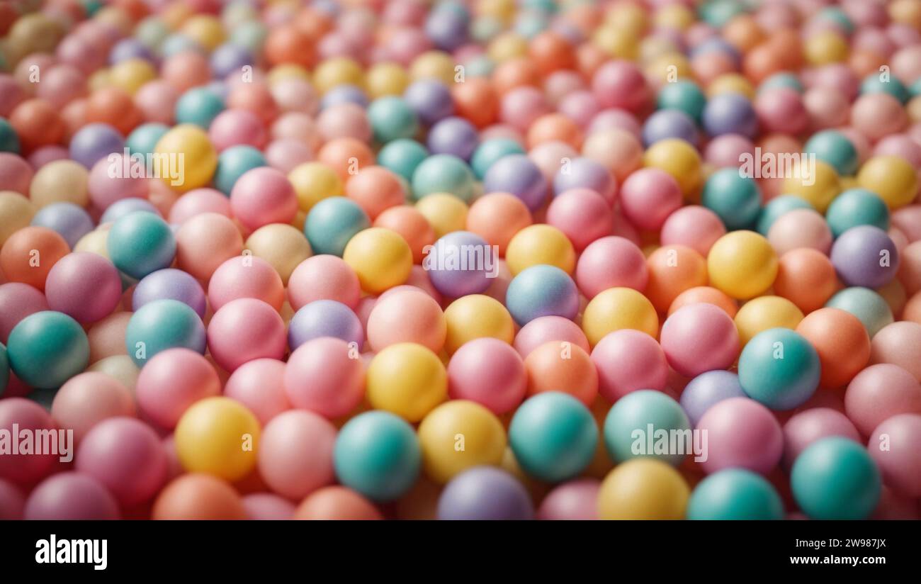 A sea of multicolored pastel plastic balls creates a vibrant and ...