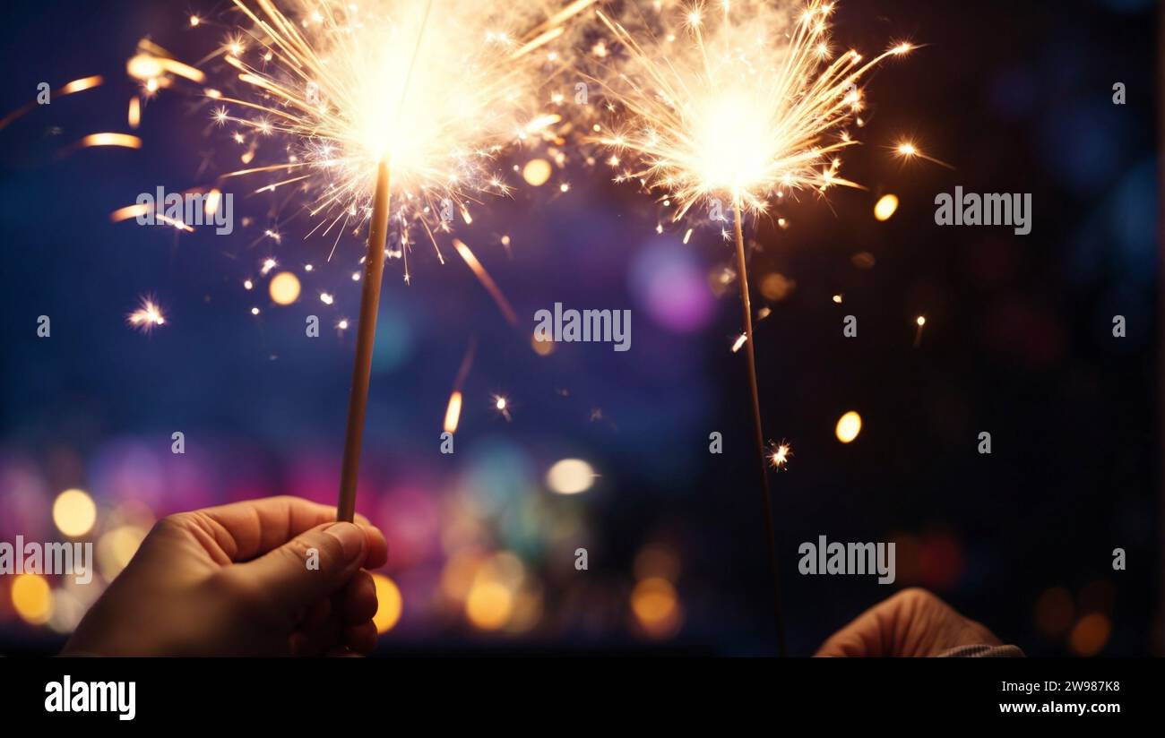 Two hands holding sparklers, their sparks flying, against a backdrop of ...
