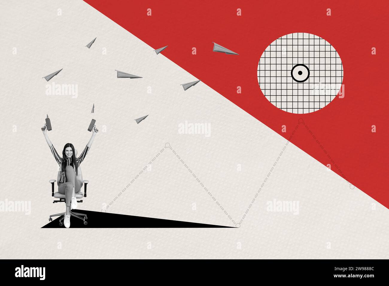 Creative trend collage of funny female shoot gun paper plane reach ...