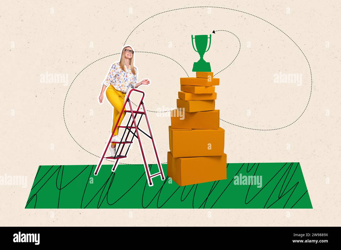 Creative trend collage of female climb ladder career win golden goblet ...