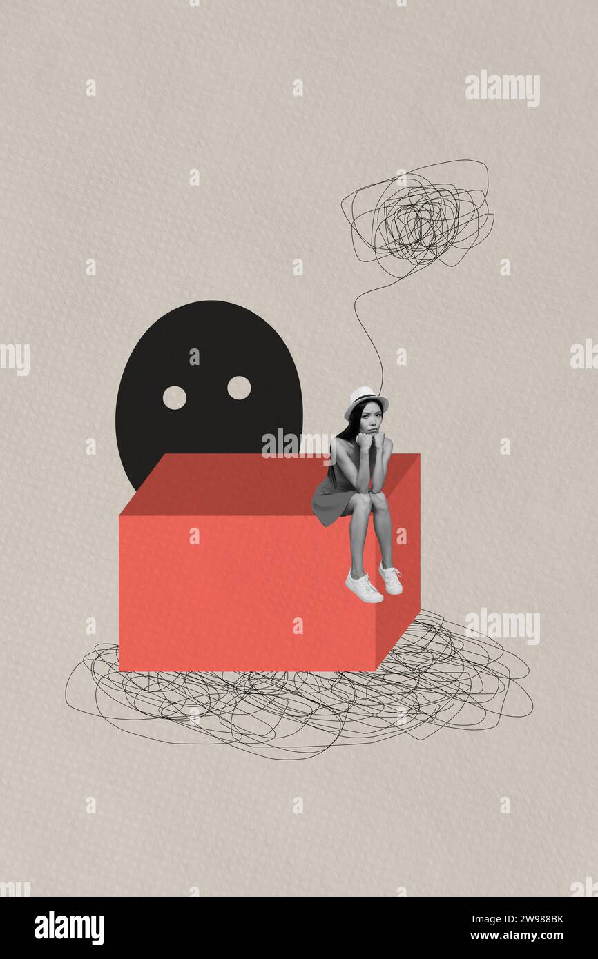 Creative poster collage of sitting girl negative thoughts depression ...