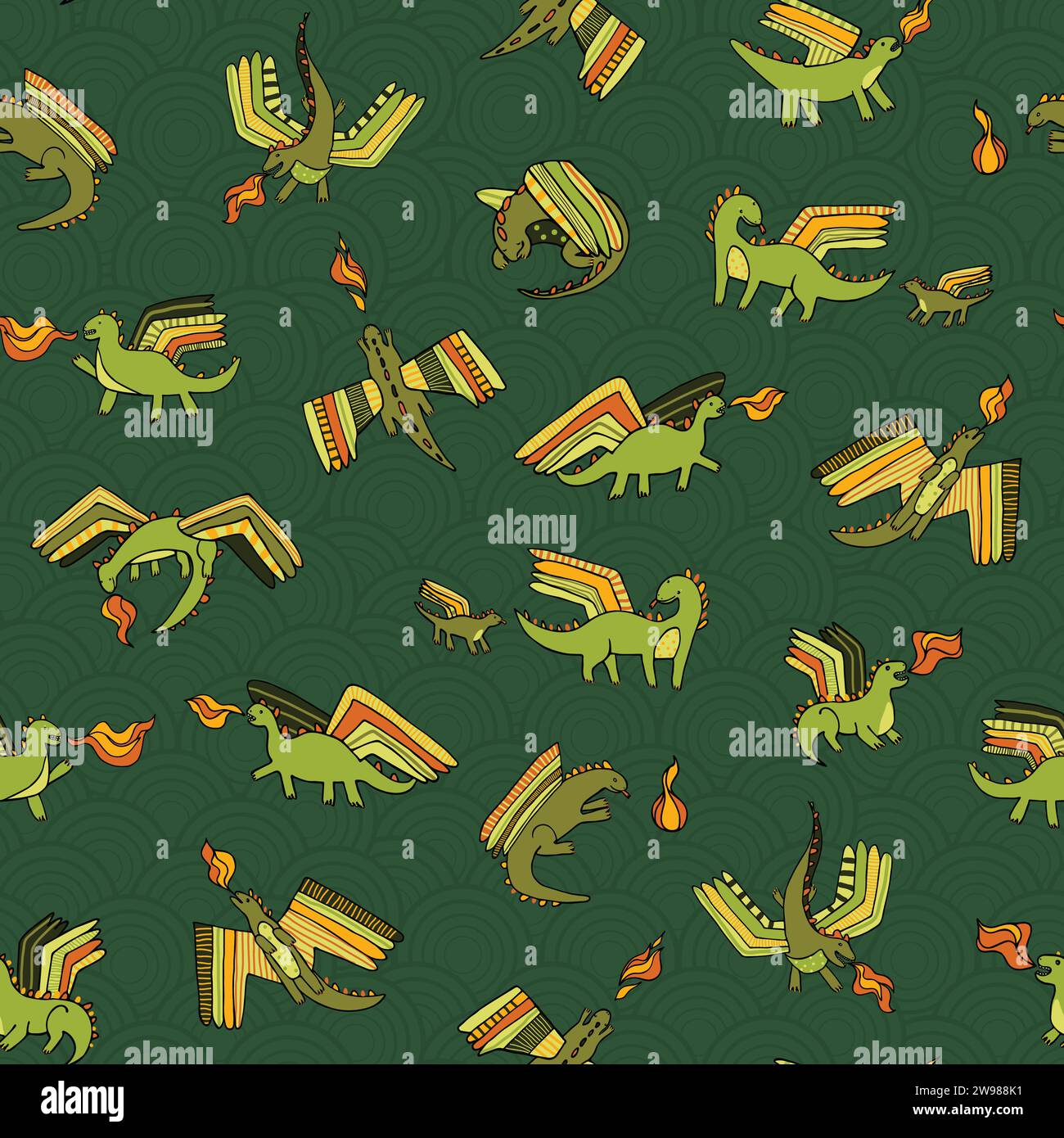 Cute little dragons with fire flying seamless vector pattern for ...