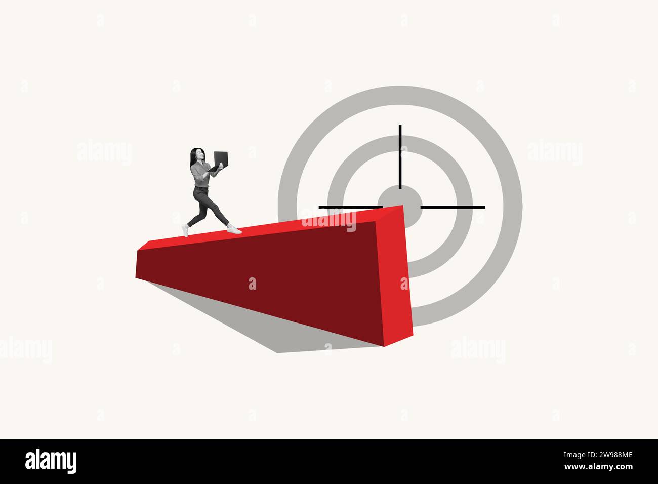 Photo collage picture young persistent freelancer girl go towards goal ...