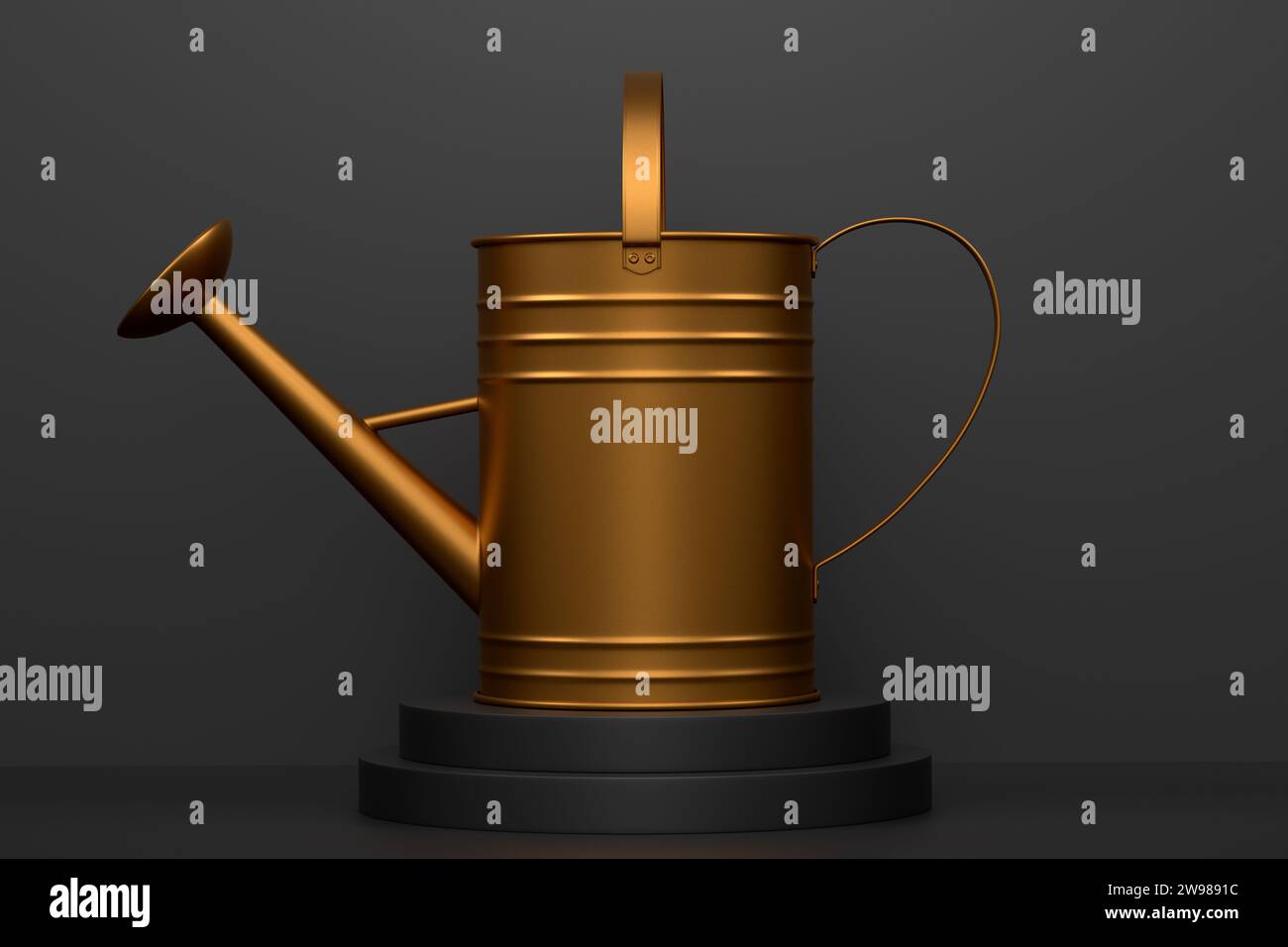 Watering can on cylinder podium with steps on monochrome background. 3d ...