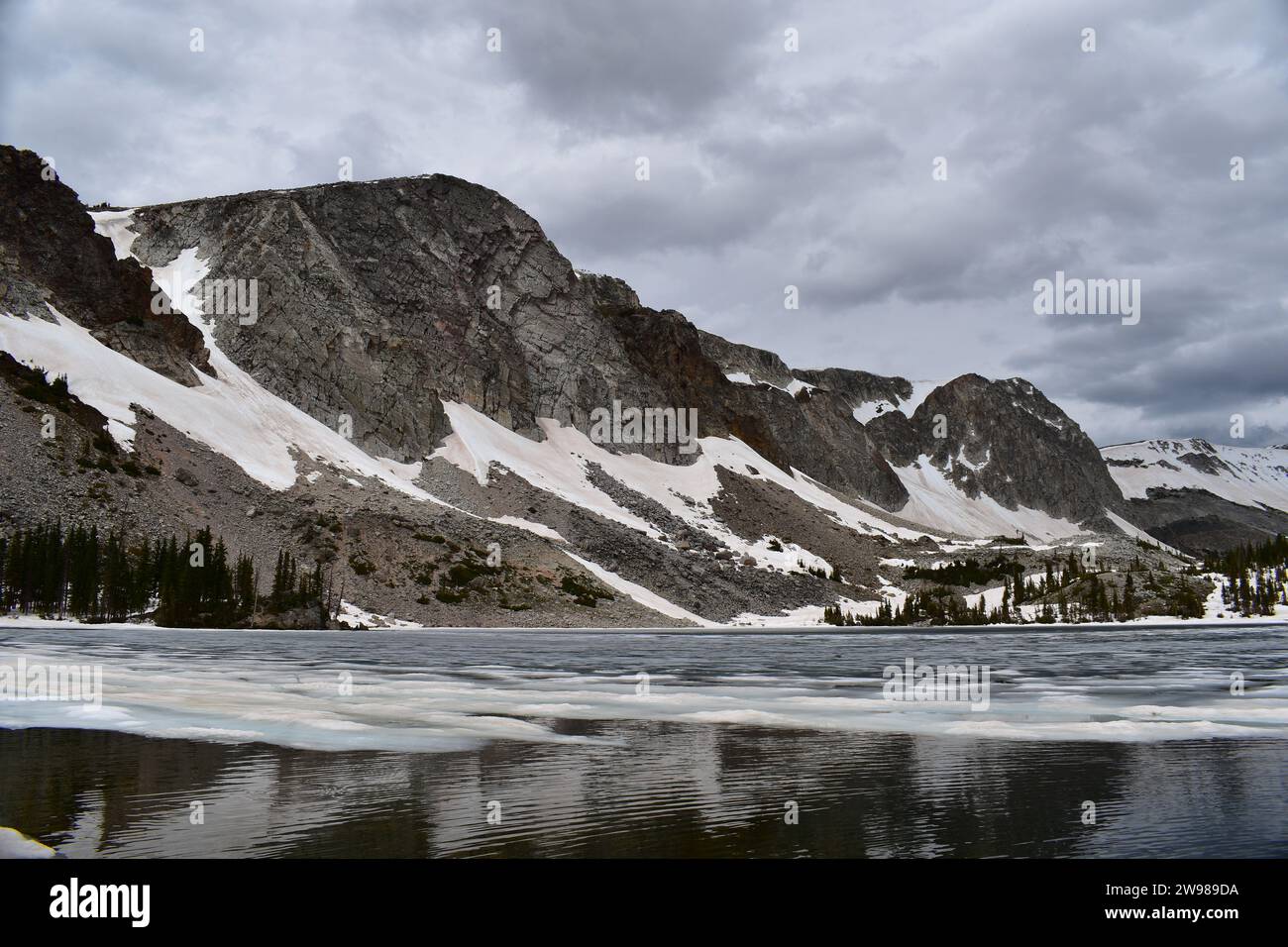View of the partially frozen Lake Marie and the Medicine Bow-Routt ...