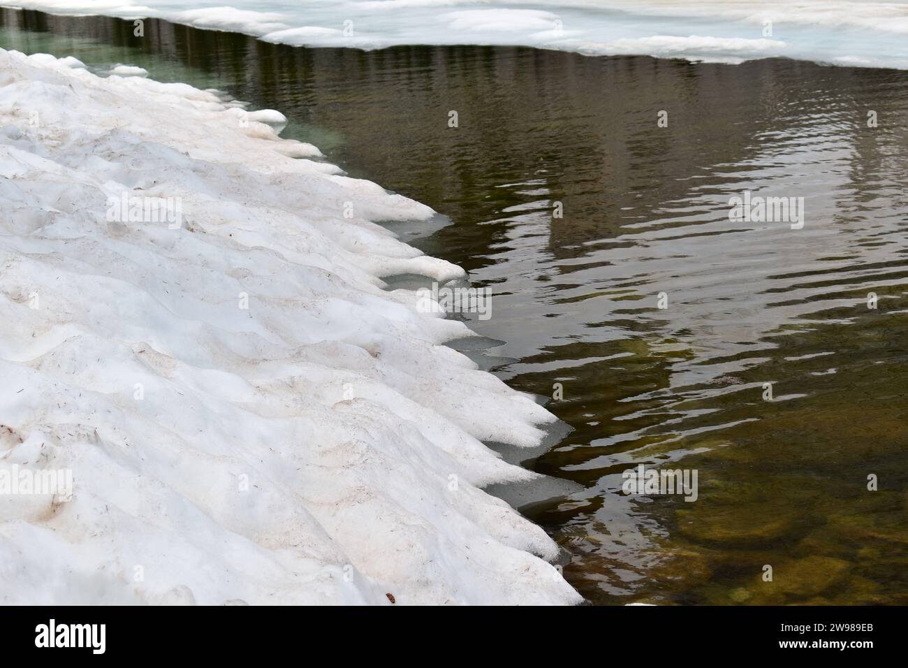 Snow and water edge at Lake Marie in Medicine Bow-Routt National Forest ...
