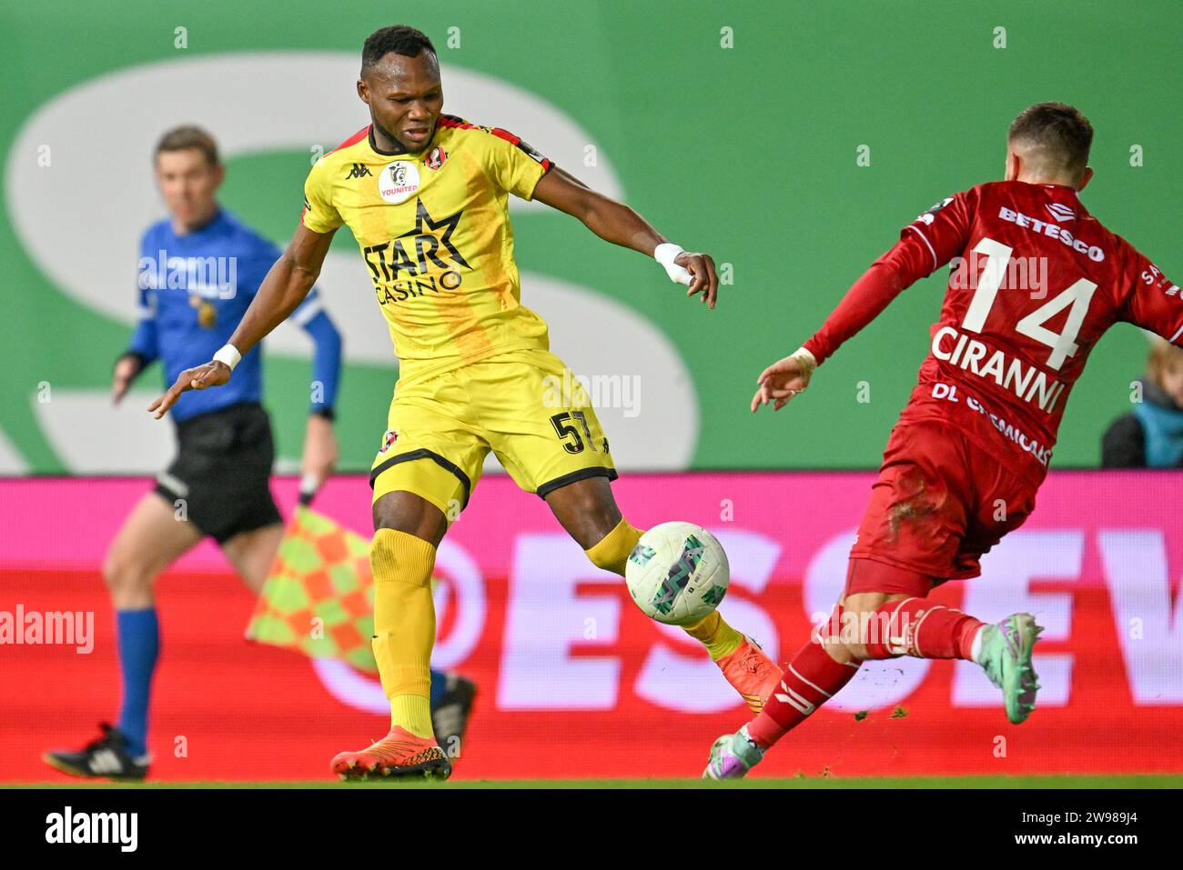 Waregem, Belgium. 15th Dec, 2023. Azankpo Segbe (57) of FC Seraing ...