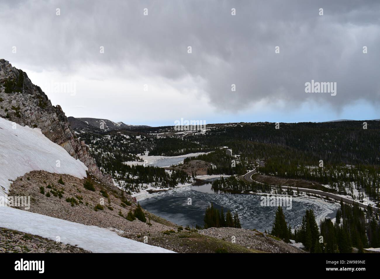 View of Lake Marie and the majestic snowy mountain landscape of ...
