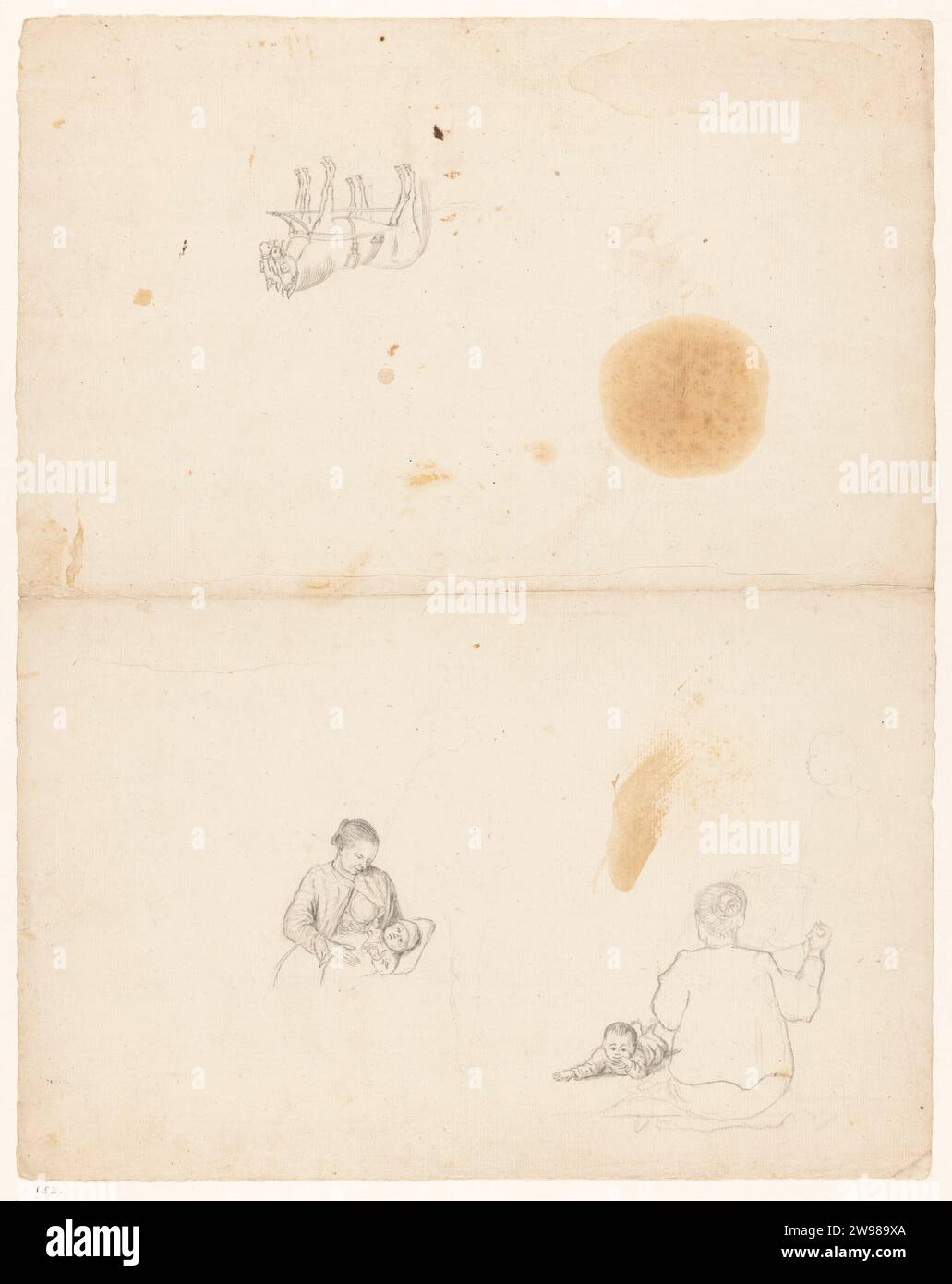 Sketches of woman with baby and horses on Disselboom, Jan Brandes, 1779 ...