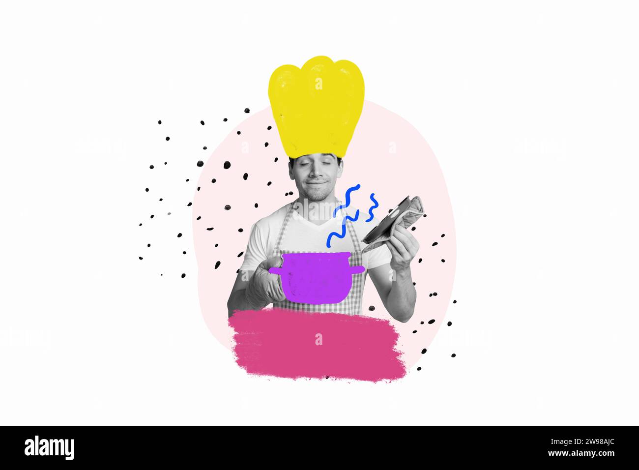 Collage picture of positive professional cooker man in painted hat ...