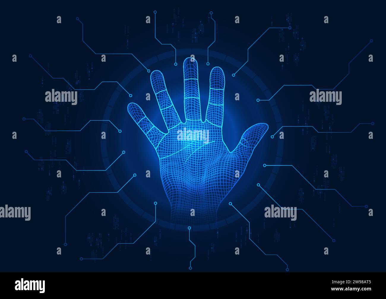 Cybersecurity technology Hands connected to technology circuit Show identification by scanning ...