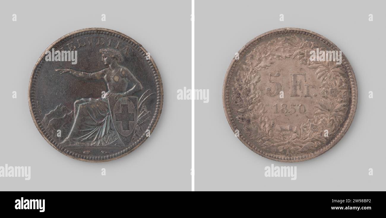 5 Franks from Switzerland, 1850 ,, 1850 coin Silver coin. Front ...