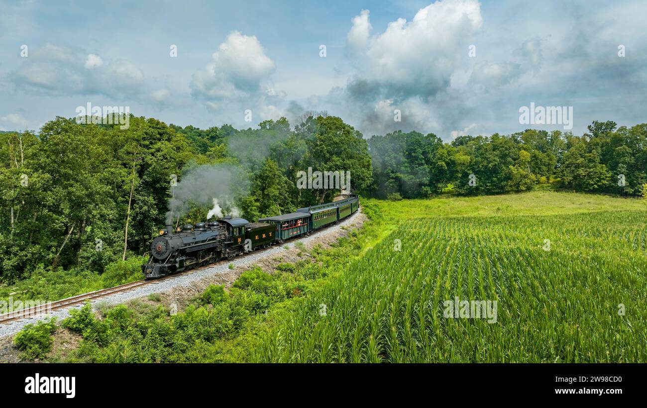 An Aerial View of a Narrow Gauge Steam Passenger Train, Approaching ...
