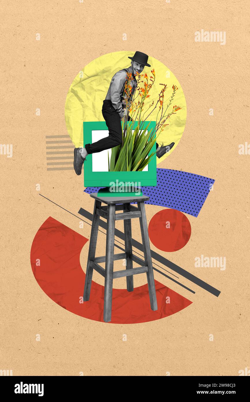 Collage 3d image pop retro sketch of funny gentleman monitor tv show ...