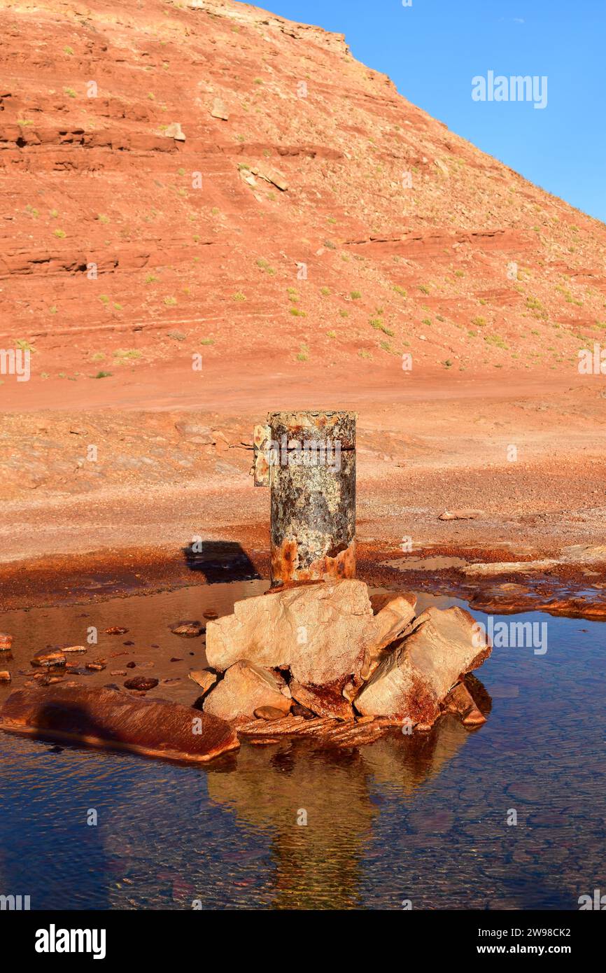 Steel tube and rocks of the surface level part of the Crystal Geyser in ...