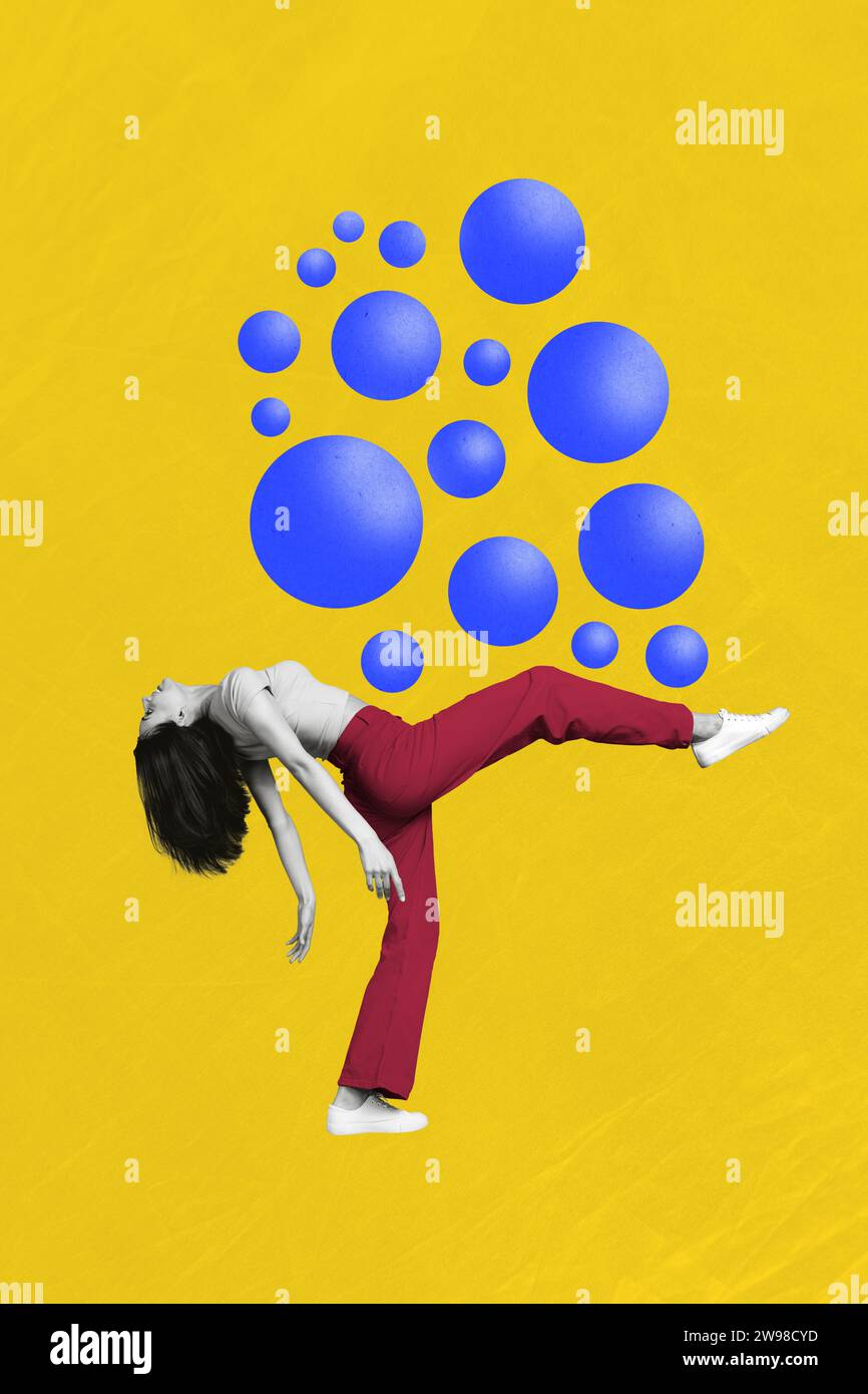 Composite collage picture image of funny active female floating soap ...