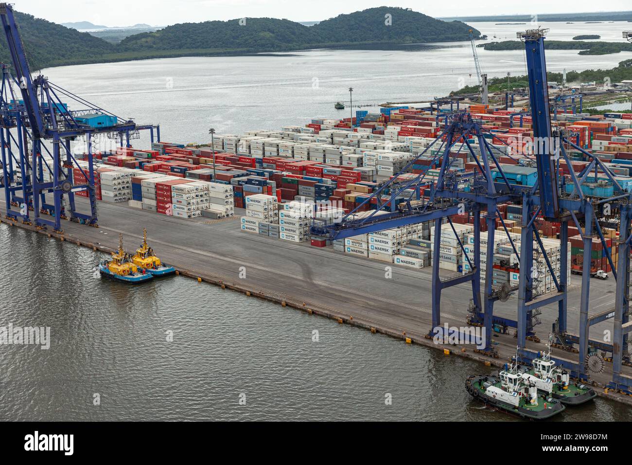 aerial view of port with crane loading containers, ready to load ship ...