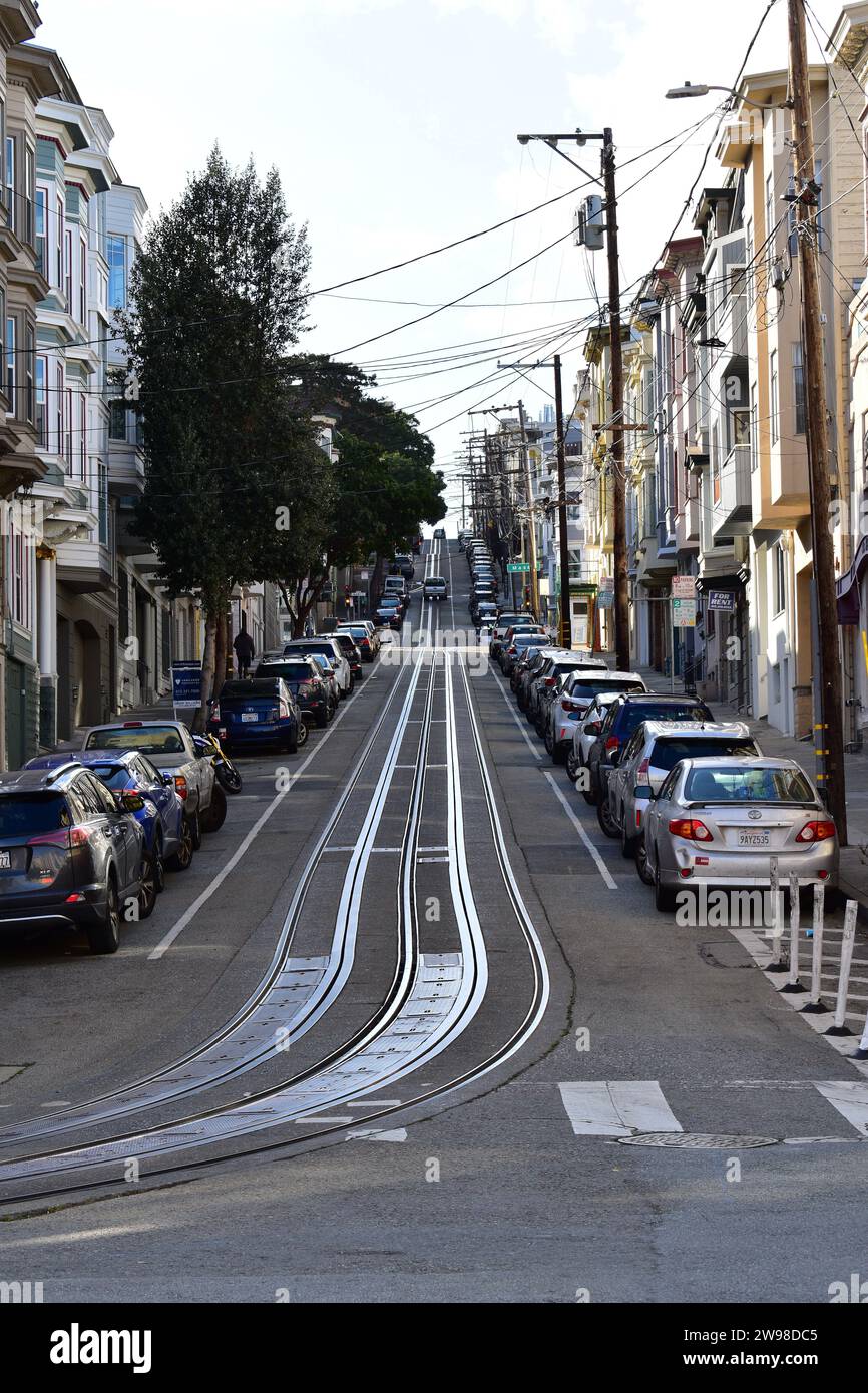 View of the cable street car rails and the steep uphill slope of ...