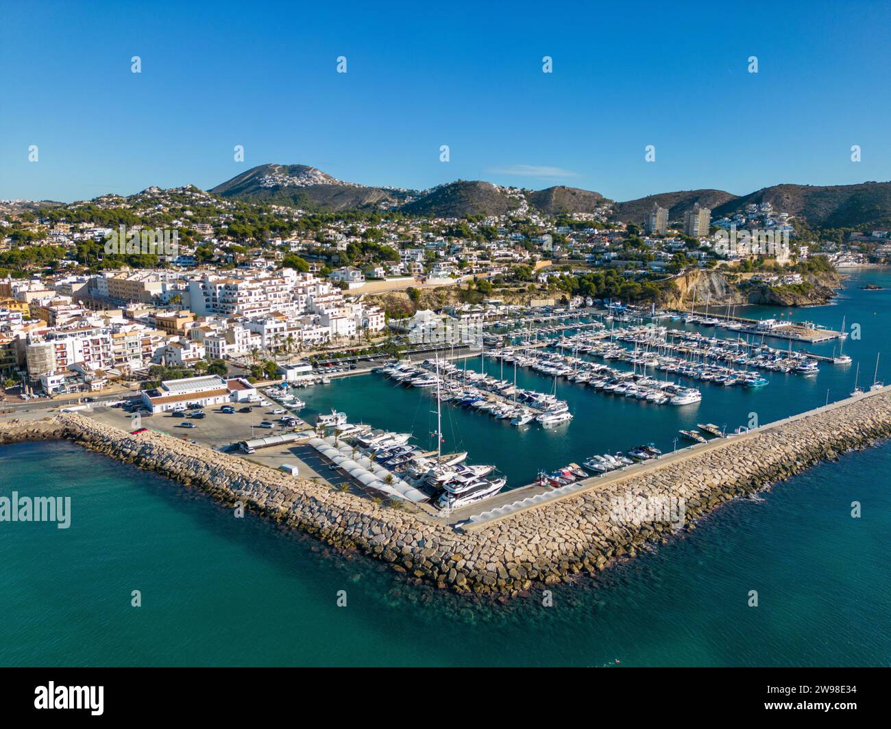 Aerial drone photo of the coastal town named Moraira. Moraira is ...