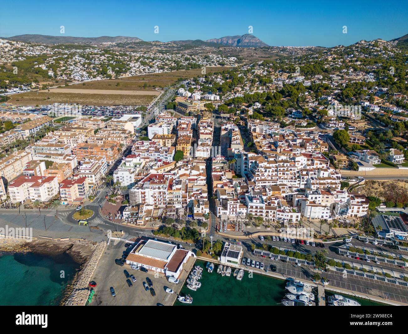 Aerial drone photo of the coastal town named Moraira. Moraira is ...