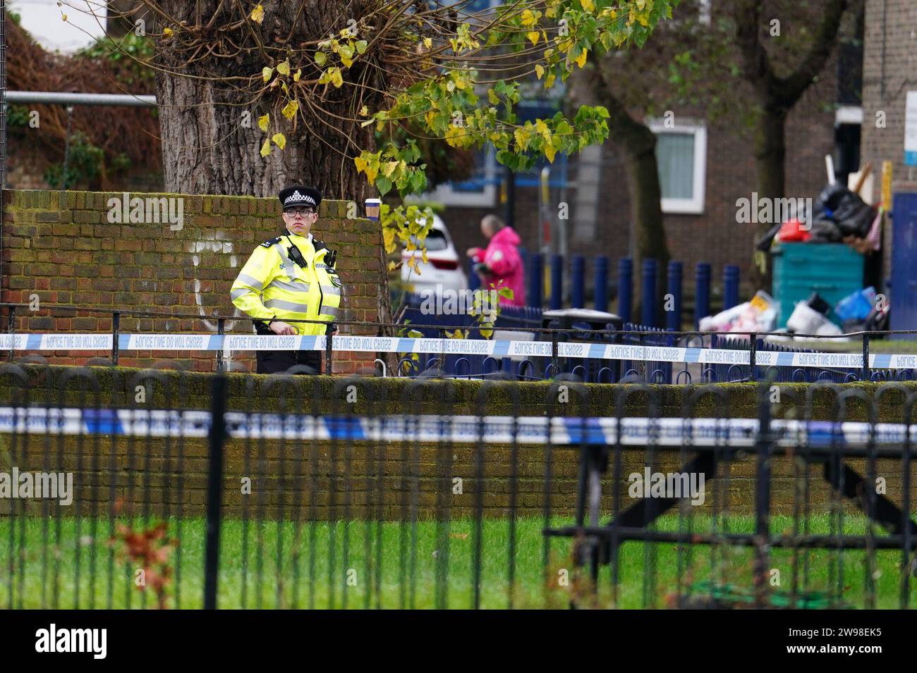 A Metropolitan Police officer at the scene outside Spenlow House in ...