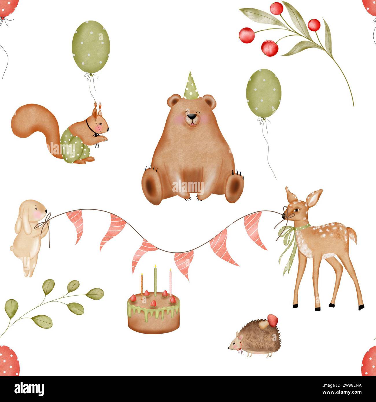 Watercolor seamless pattern of cute forest animals. Cute bear, fawn ...