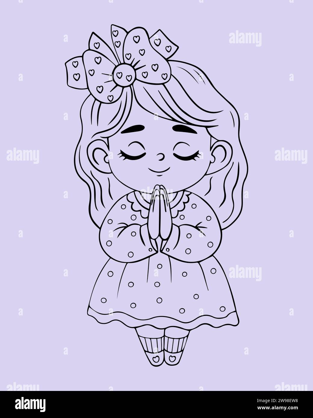 Cute little praying child girl in dress with long hair. Vector ...